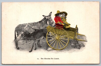 Postcard 1908 Ten Minutes For Lunch Donkey Feeding Baby Kids in Cart ...