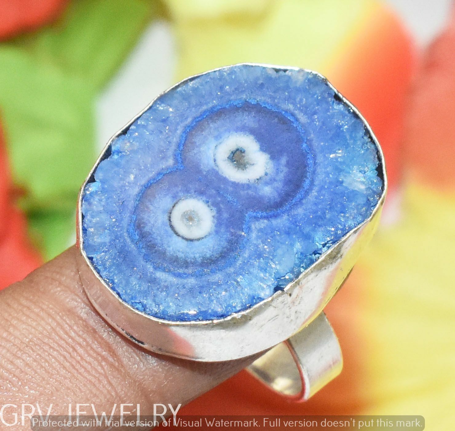 Blue Solar Quartz Gemstone Adjustable Ring 925 Sterling Silver Overlay ...