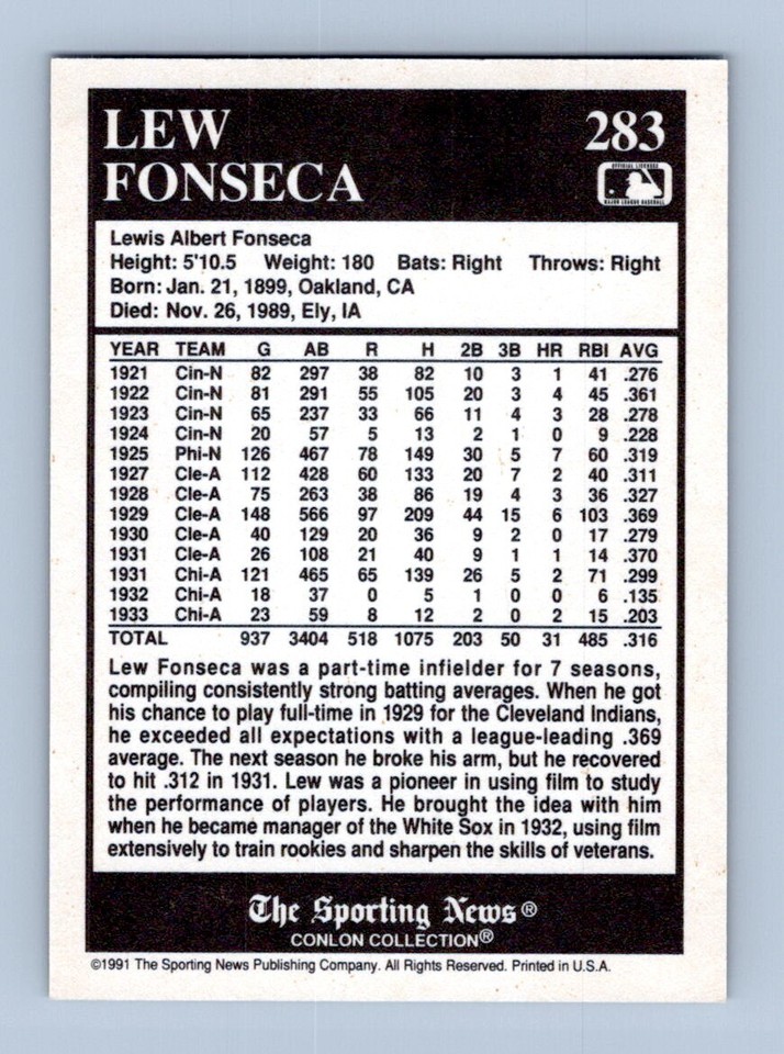 1991 Conlon Collection #283 Lew Fonseca | eBay