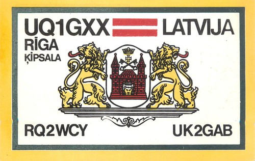 QSL Radio Amateur Station USSR Soviet Union Riga Latvia heraldic arm ...