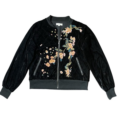 Black Velvet Quilted Floral Embroidered Bomber Jacket By THMI Womens S ...