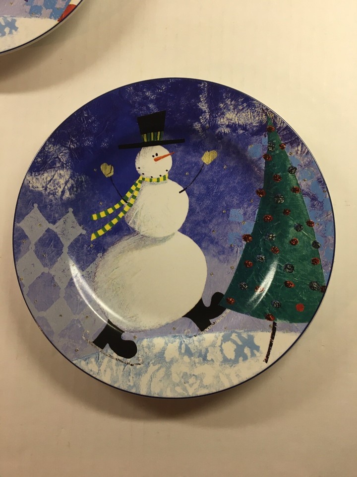 4 Sakura Snow Pals Snowman Salad Plates 4 Motifs, Snowmen On Blue 8-1/4 ...