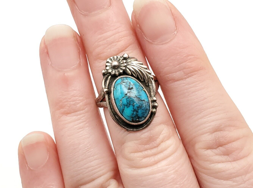 Vintage Navajo Sterling Silver Signed Smith Turquoise Flower Blossom Sz ...