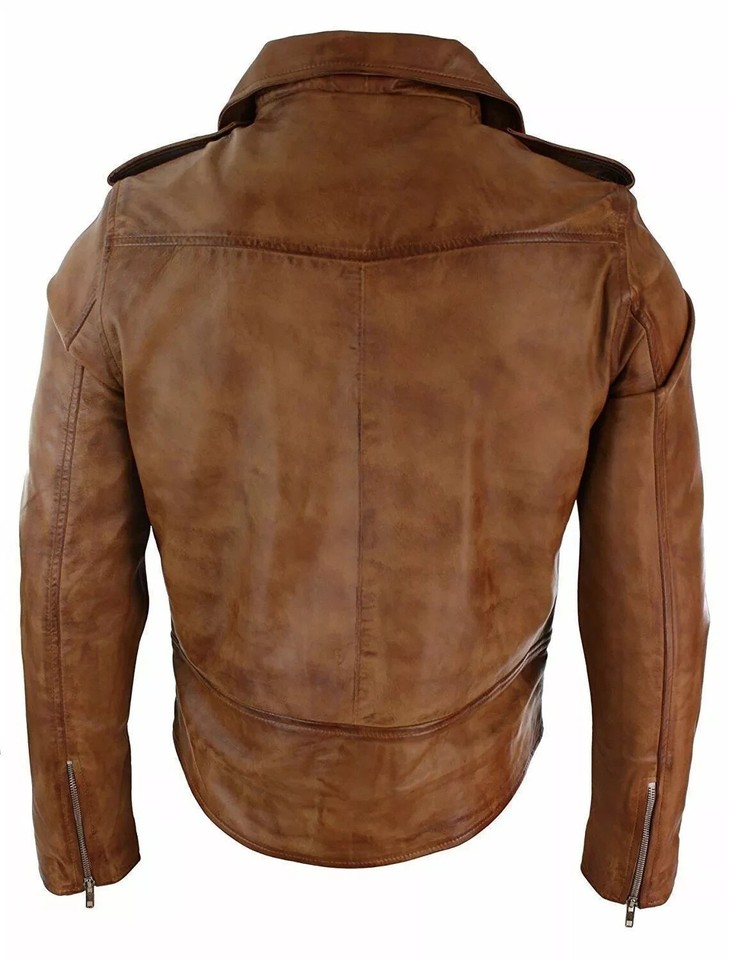 Mens Slim Fit Cross Zip Tan Brown Motorcycle Real Leather Jacket | eBay