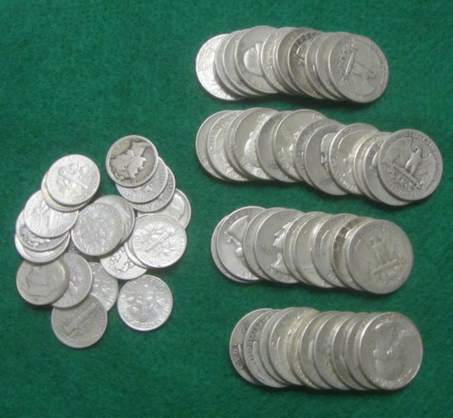 old silver U.S. coins (42) Washington quarters + (20) silver dimes lot ...