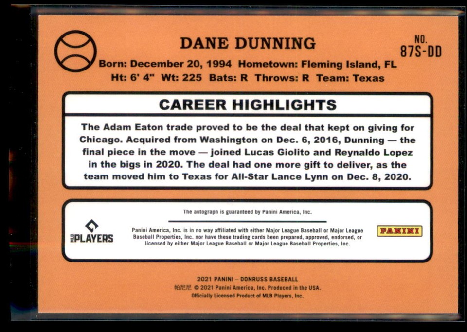 2021 Donruss #87S-DD Dane Dunning Retro 1987 Signatures | eBay