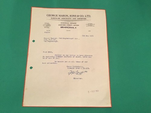 George Mason Sons & Co Ltd Birmingham 1954 Hardware Merchants letter ...