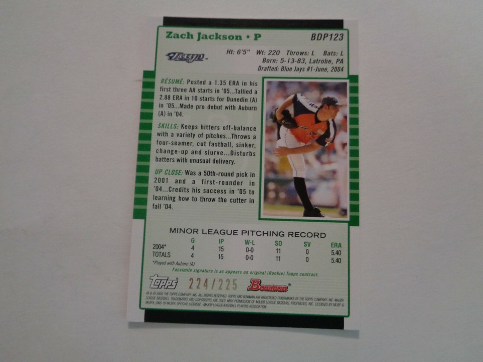 2005 Topps Bowman Zach Jackson Card #BDP123 Serial #224/225 | eBay