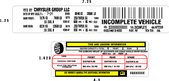 FCA JEEP CHRYSLER DODGE Decal MFG Sticker ID Label Tire Information VIN ...