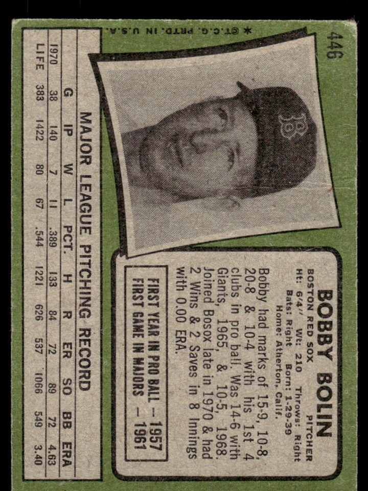 1971 Topps Bobby Bolin #446 Boston Red Sox Baseball Card | eBay