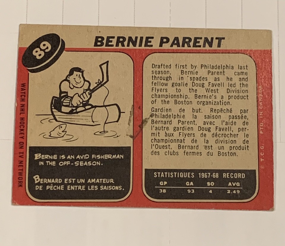 1968-69 BERNIE PARENT O-PEE-CHEE HOCKEY CARD #89 ROOKIE CARD!! Scarce ...