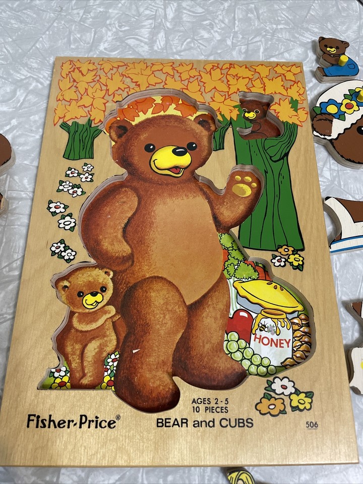 Vtg 70's Fisher Price Bear & Cubs #506 Wood Tray Frame Puzzle. Pegs ...