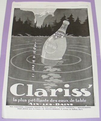 CLARISS' EAU PÉTILLANTE AIX-LES-BAINS -1928-VÉRITABLE PUBLICITÉ D ...
