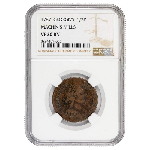 United States 1787 Machin's Mills 1/2d Halfpenny Token - NGC VF-20 BN ...
