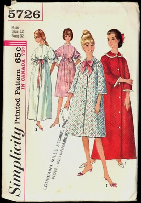 60s Size 12 Bust 32 Robe Housecoat Empire Waist Simplicity 5726 Pattern ...