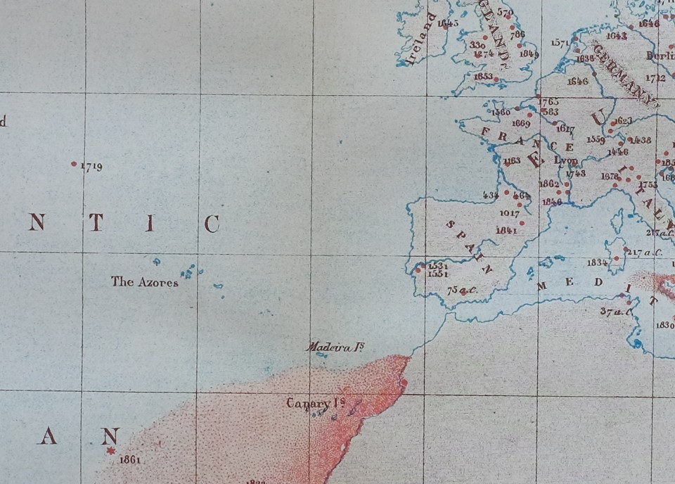 1873 MAP SHOWERS OF VOLCANIC ASHES HAIL CAPE DE VERDES EUROPE GERMANY ...