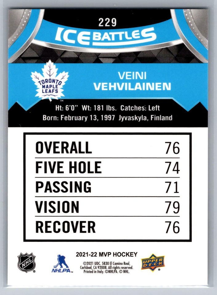 2021-22 Upper Deck MVP #229 Veini Vehvilainen Card Maple Leafs Ice ...