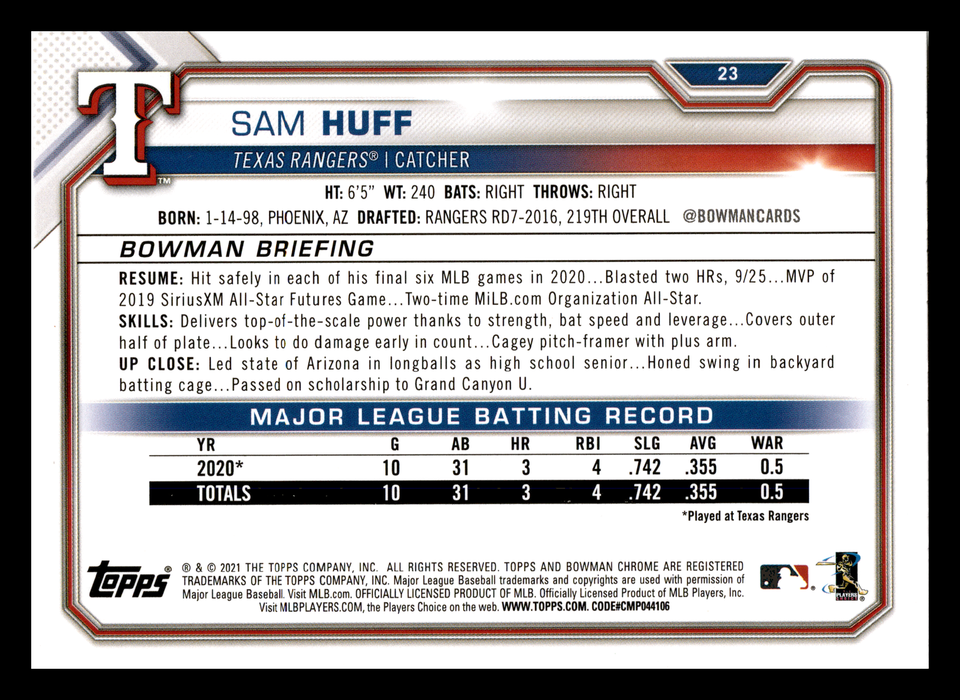 2021 Bowman Sam Huff RC Rookie Texas Rangers #23 Center Mint | eBay