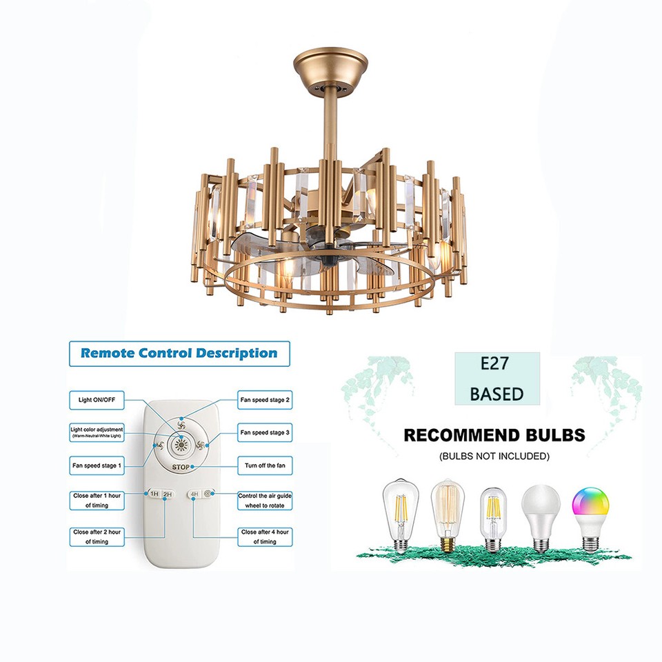 20" Ceiling Fan Light LED Chandelier Semi Flush Mount Pendant Lamp ...