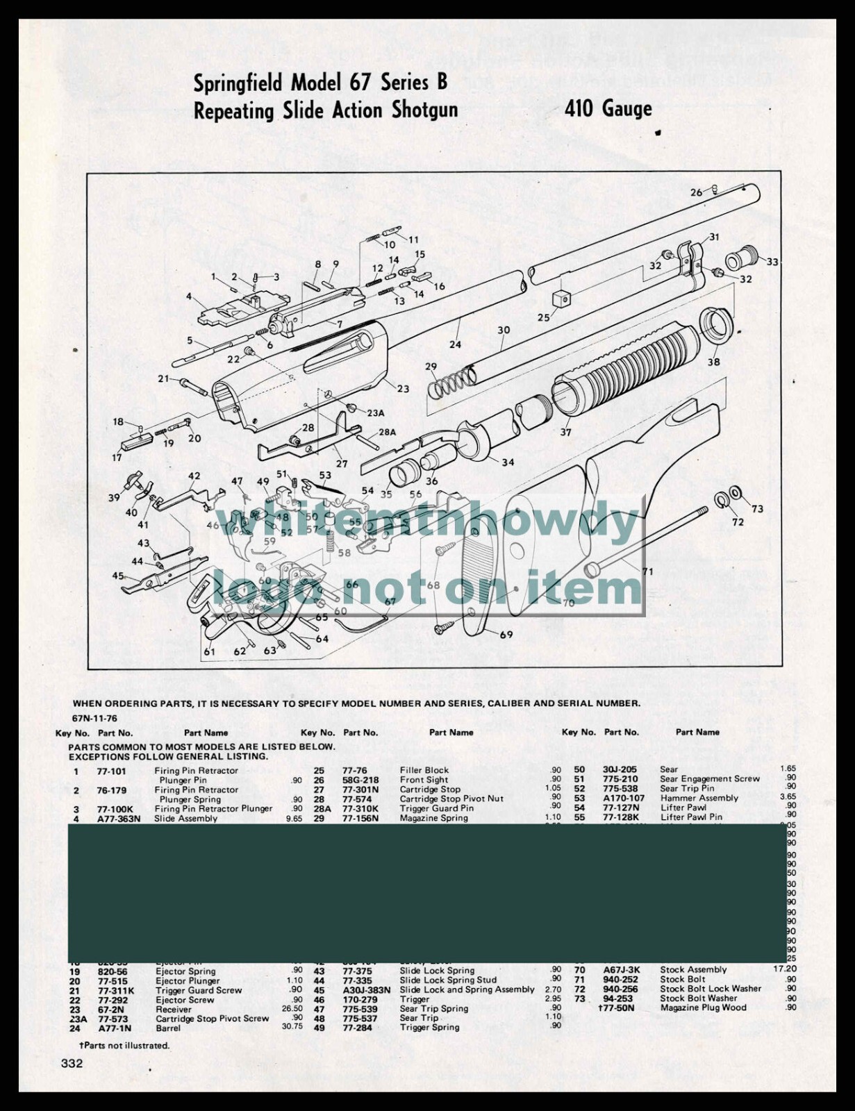 1984 SPRINGFIELD Model 67 Series B Repeating Shotgun Schematic Parts ...