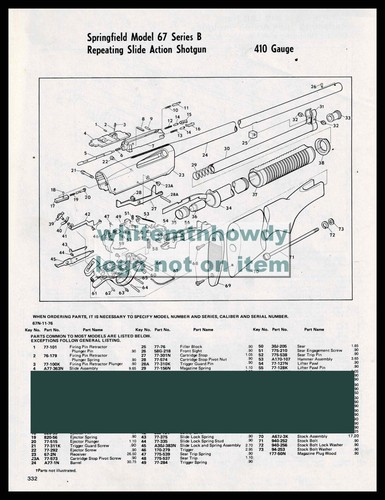 1984 SPRINGFIELD Model 67 Series B Repeating Shotgun Schematic Parts ...