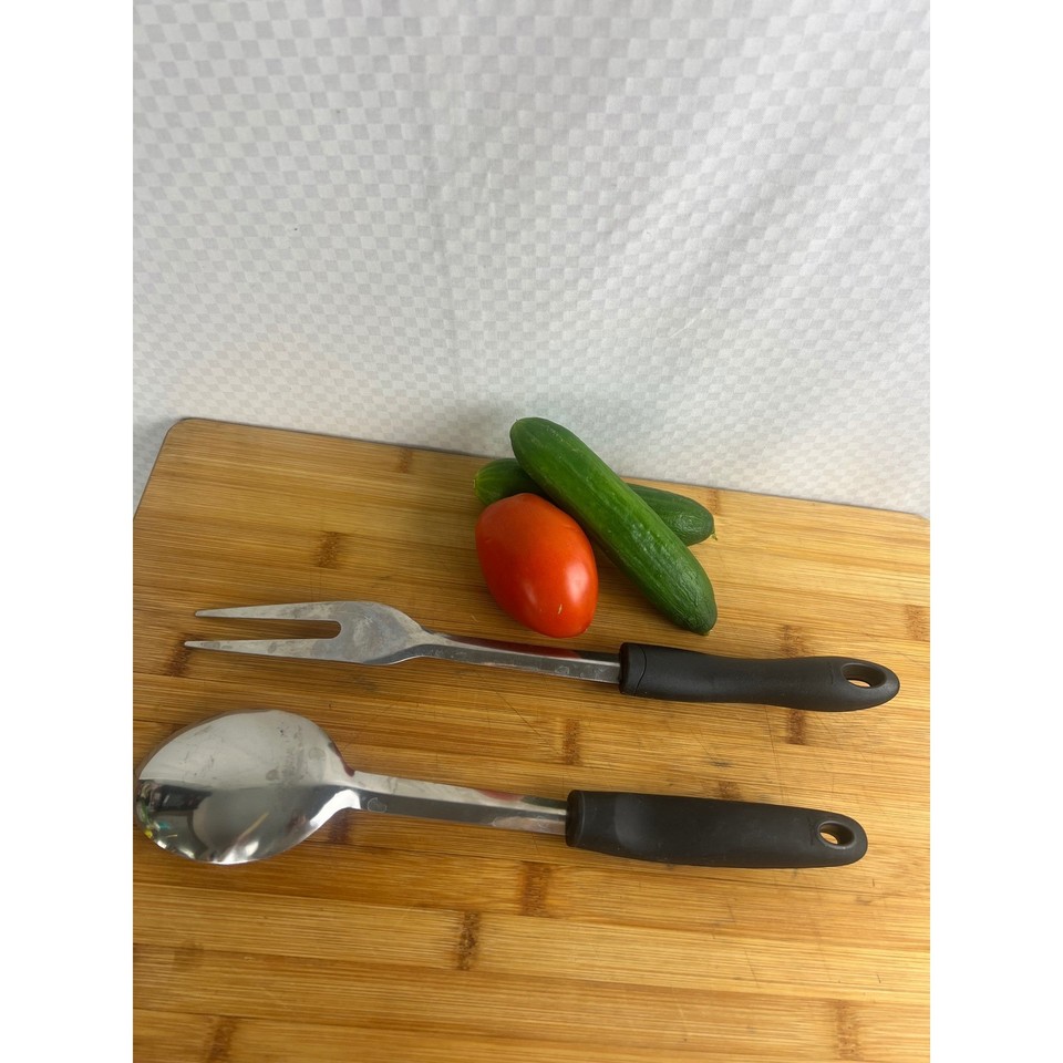 Stainless Steel Serving Set Large Spoon and Meat Fork Black Ergonomic ...