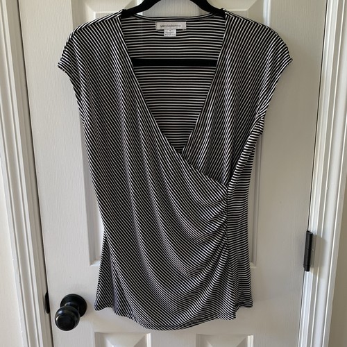 Liz Clairborne Womens Blk/Wh Striped Deep V Sleeveless Crossover Top ...