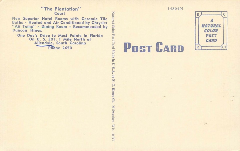 The Plantation Hotel South Carolina Triple A Vintage Postcard | eBay