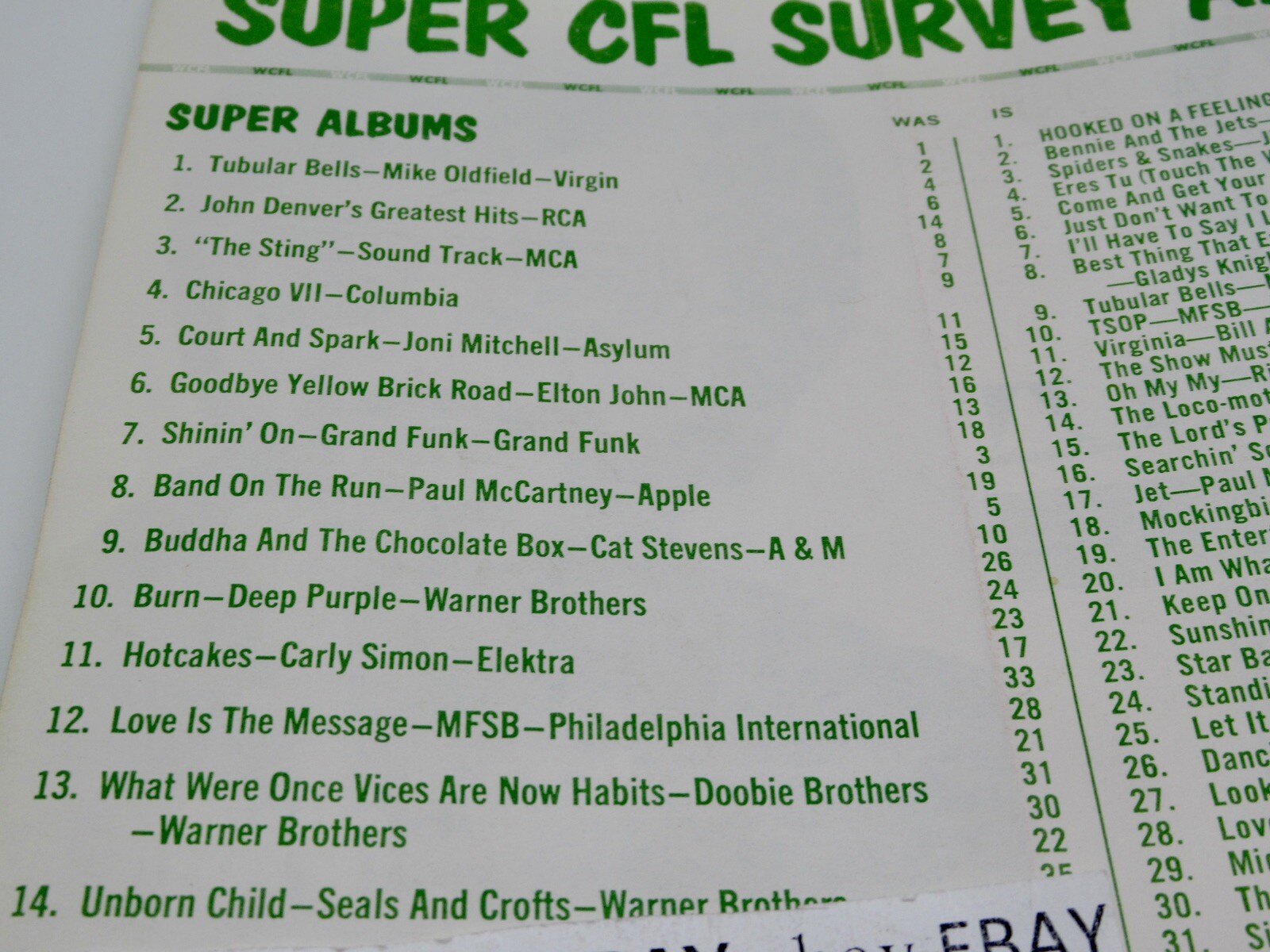 WCFL RADIO Chicago Super CFL Survey APR 20, 1974 #1 Album Tubular Bells ...
