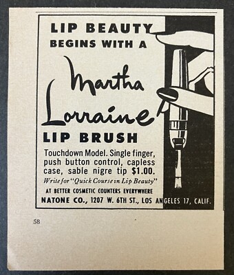 1957 Martha Lorraine Lip Brush Natone Co. Mini B&W Vintage Print Ad | eBay