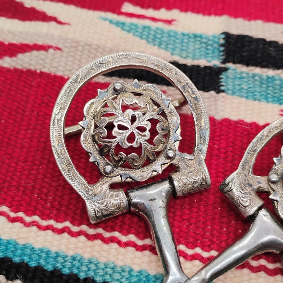Vtg Hand Tooled Sterling Silver Overlay Horse Snaffle Bit Belt Buckle ...
