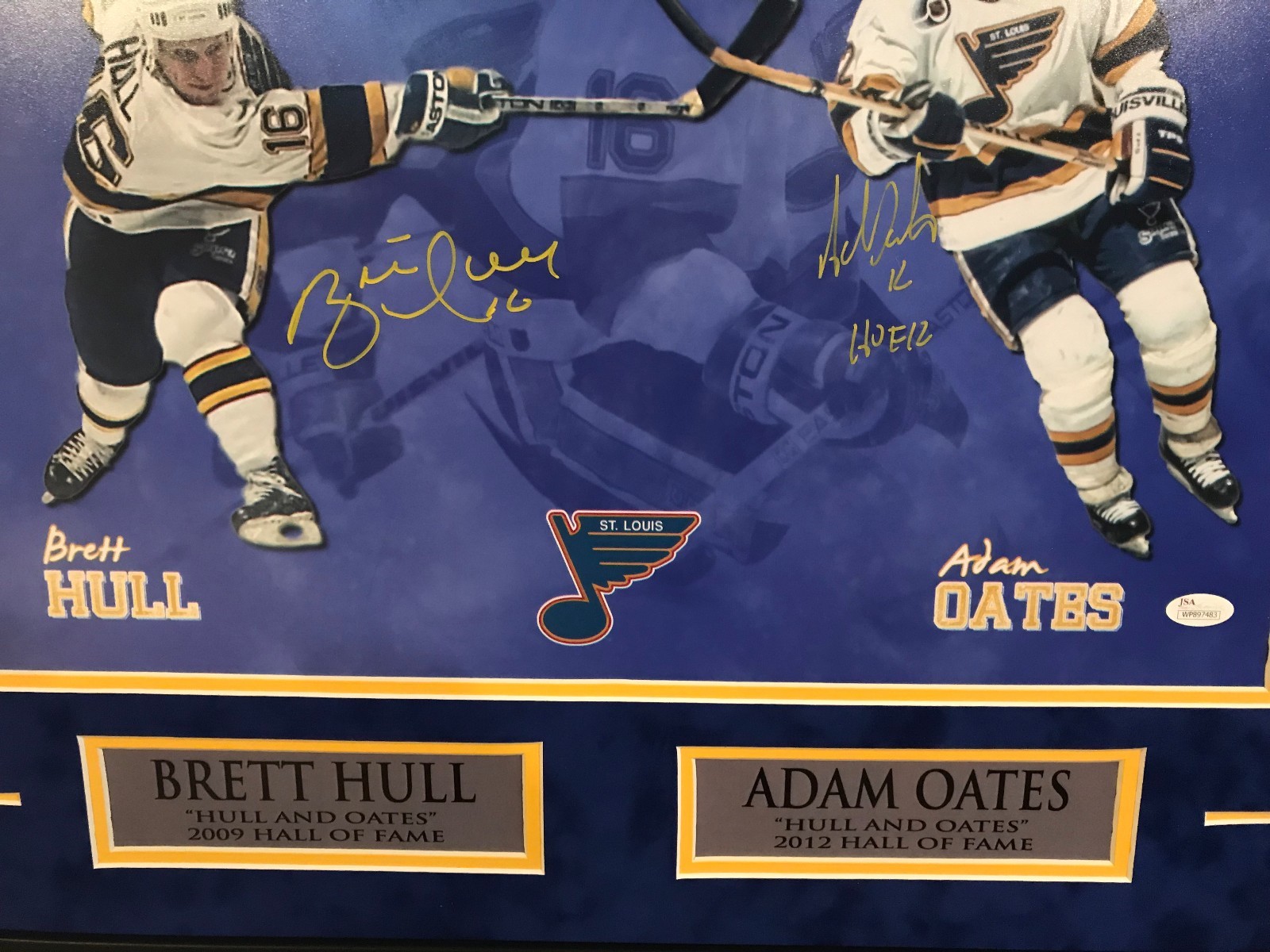 BRETT HULL & ADAM OATES FRAMED SIGNED INSC ST. LOUIS BLUES 16x20 PHOTO ...