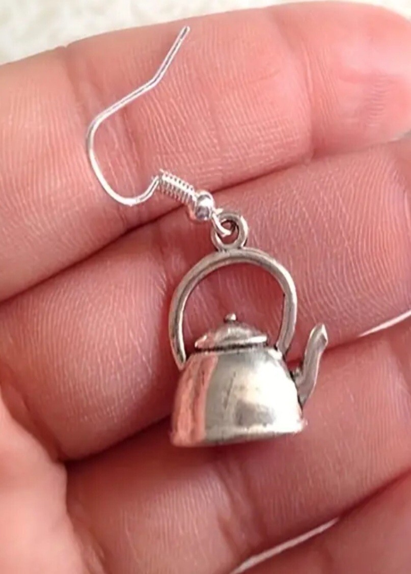 TEA POT Earrings TEA KETTLE Retro Vintage Style Silver Teapot Tea Party ...