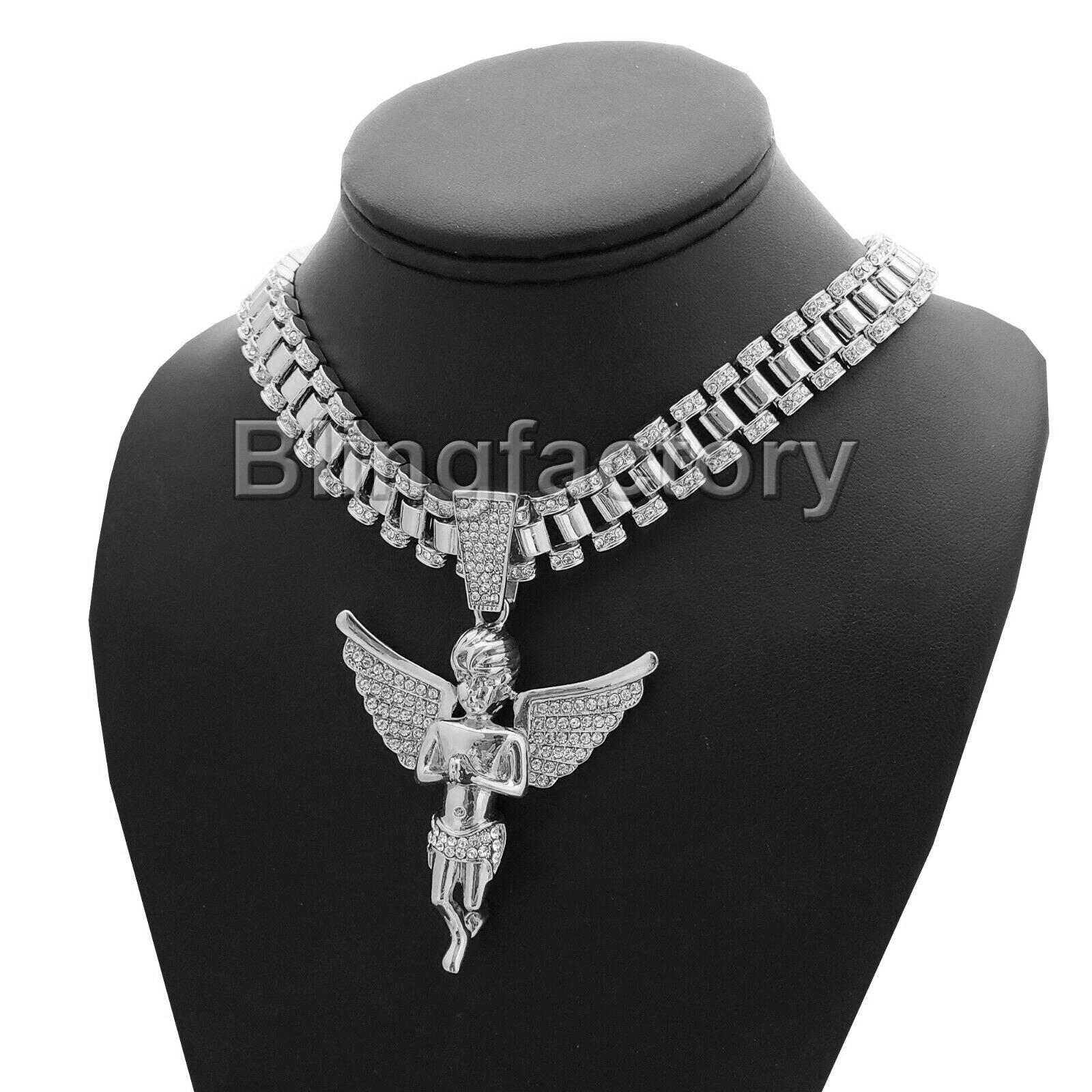 Hip Hop Iced Silver Tone Baby Angel & 18" Iced Rollie Link Choker Chain ...