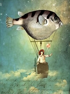 12x16 Fantasy Surrealism Flying Fish Hot Air Balloon Unframed Canvas ...