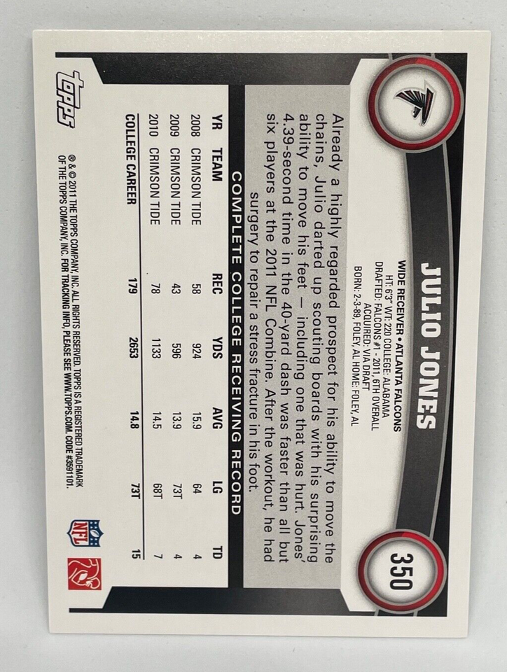 2011 Topps Julio Jones Rookie Card RC #350 Atlanta Falcons | eBay