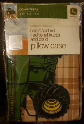 John Deere Collection COMBINE On Brown Plaid Standard Pillow Case 20x30 ...