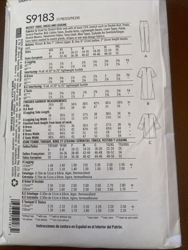 SIMPLICITY PATTERN 9183 DRESS TUNIC MISSES SIZES XXS XS SM MED LRG XL ...