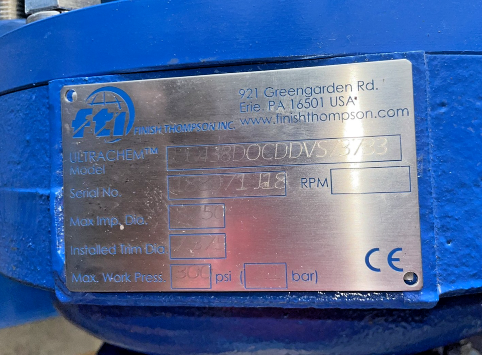 Finish Thompson FTI Ultrachem pump package 4x3x8-7.375" trim, 40hp@3500 ...