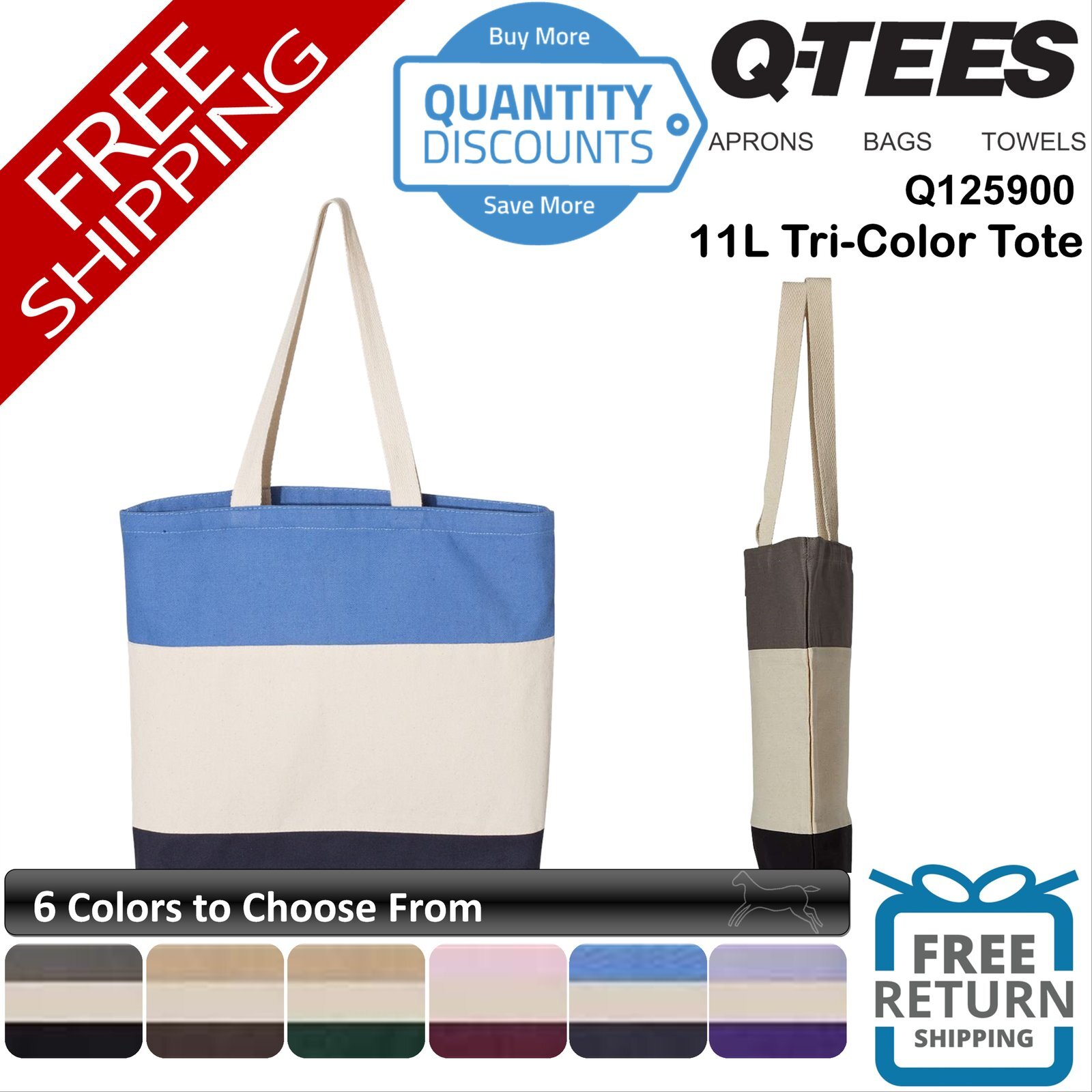🔥 Q-tees 11l Tri-color Tote Bag 100% heavy cotton canvas webbed handles ...