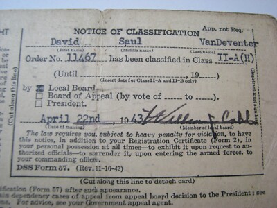 WWII Selective Service Notice of Classification Postcard 1944 ...