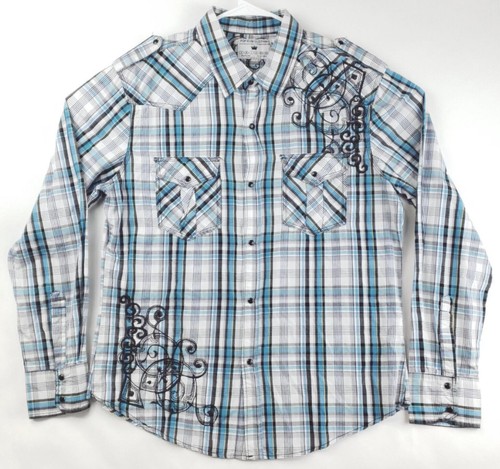 Pop Icon Clothing Shirt Men's XL White Blue Plaid Western Pearl Snap ...