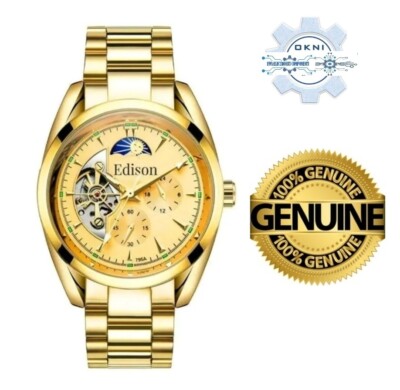 MENS EDISON AUTOMATIC WATCH MOONPHASE GOLD COLOUR STAINLESS STEEL | eBay UK
