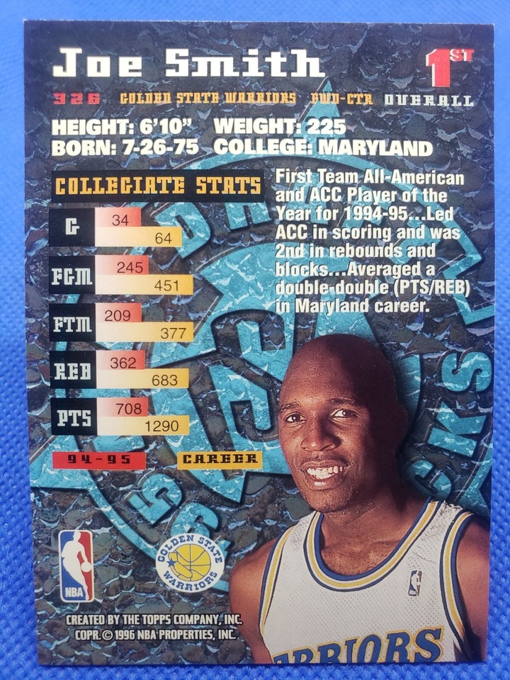 1995-96 Topps Stadium Club JOE SMITH Members Only card MARYLAND ...