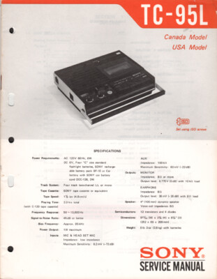 Sony- Model TC-95L - Cassette Corder - Original Service Manual - | eBay