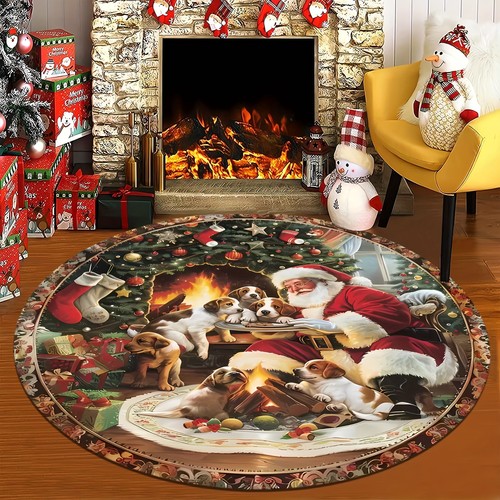 Christmas Festive Round Floor Mat with Santa and Puppies Design - Soft ...