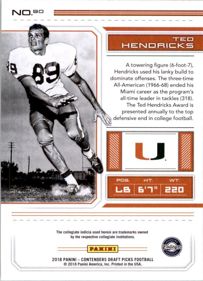 2018 Panini Contenders Draft Picks Football Card #90 Ted Hendricks | eBay