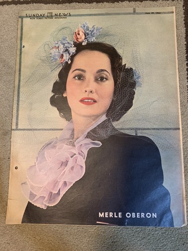 MERLE OBERON original color portrait SUNDAY NEWS 6/27/43 RARE 10.5 X 14 ...
