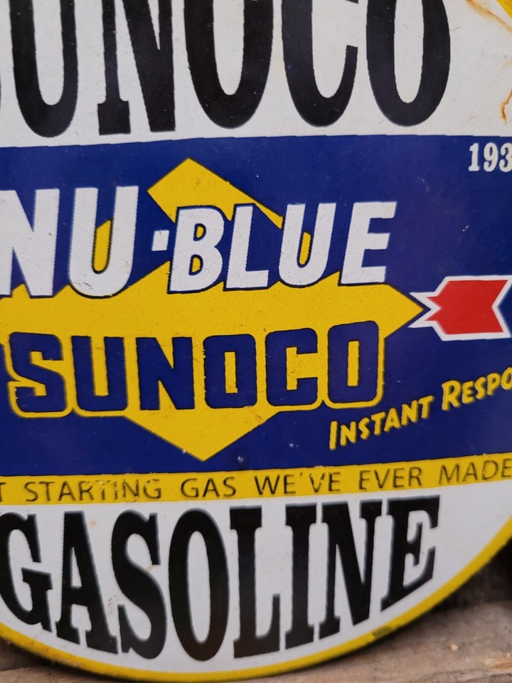 VINTAGE SUNOCO PORCELAIN SIGN NU-BLUE GASOLINE ADVERTISING OLD GAS PUMP ...