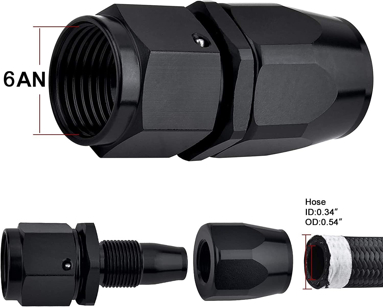 4PCs 6AN AN6 -6AN BLACK STRAIGHT SWIVEL FUEL OIL HOSE END FITTINGS | eBay